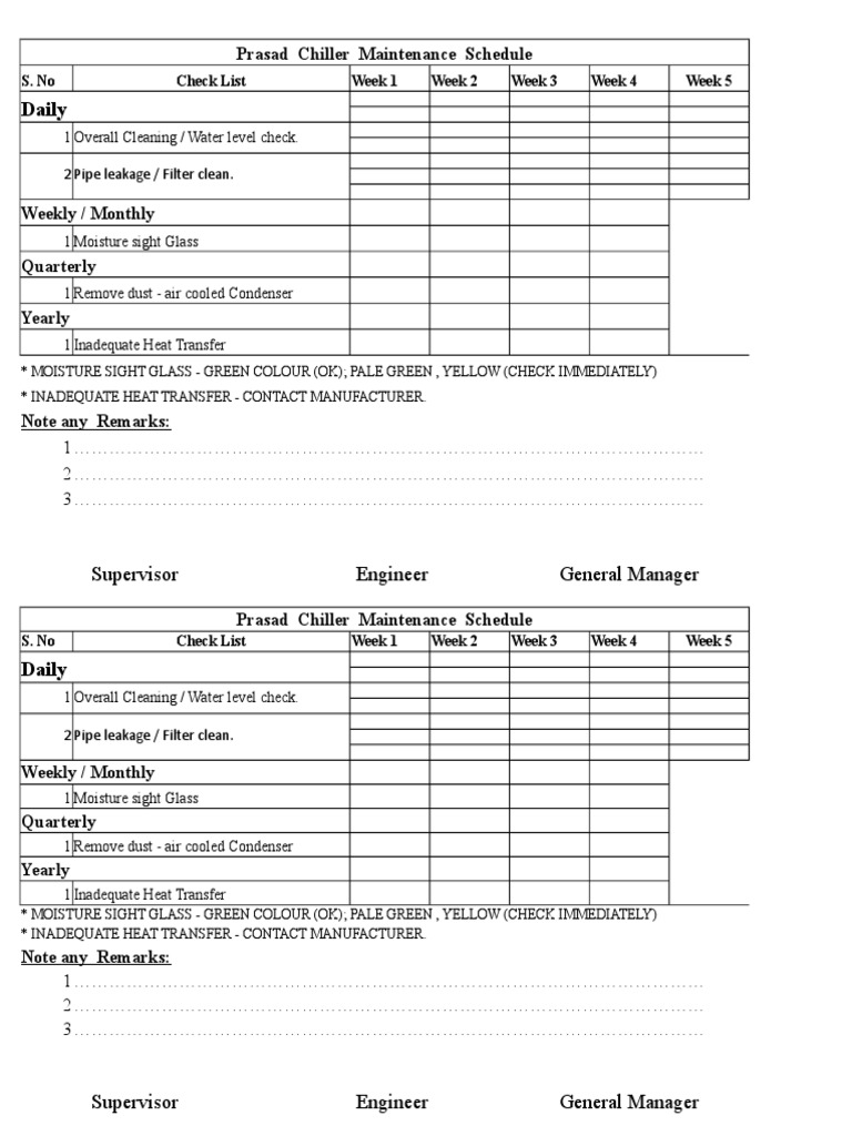 Essential Maintenance Schedule and Checks for the Prasad Chiller | PDF
