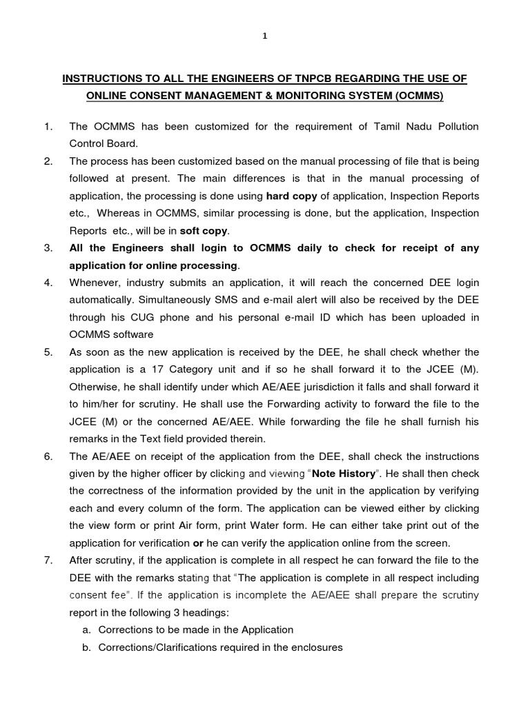 Instructions to All Engineers of TNPCB Regarding the Use of the Online ...