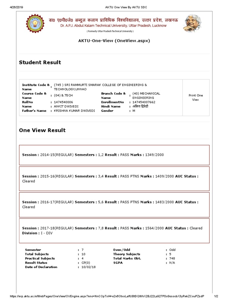 Student Result: Aktu-One-View (Oneview - Aspx) | PDF | Engineering ...