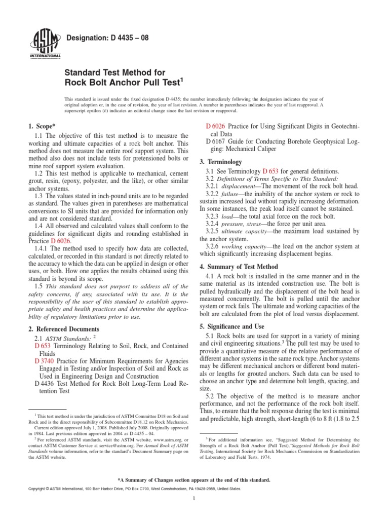 ASTM D4435 Pull Out Test Rock Bolt | PDF | Structural Load | Screw