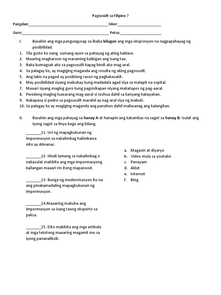 Pagsusulit Sa Filipino 7 | PDF