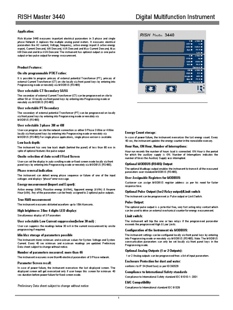 RISH Master 3440 Digital Multifunction Instrument | PDF | Relay | Transformer