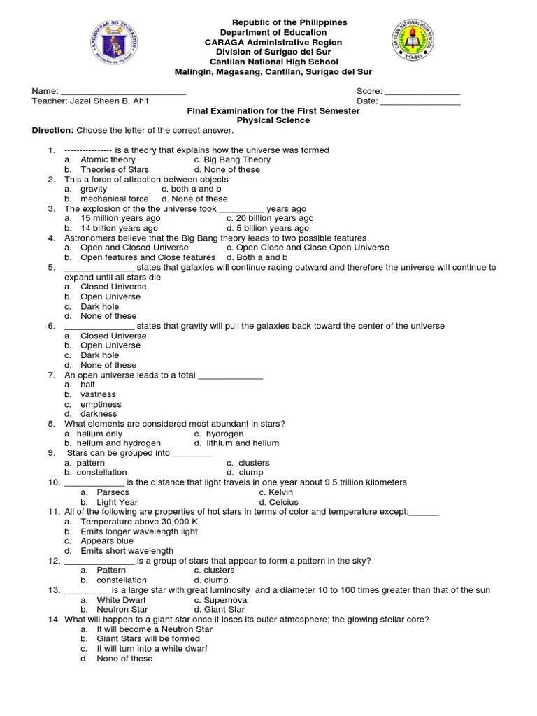 Physical Science PERIODIC TEST | PDF | Stars | Chemical Elements