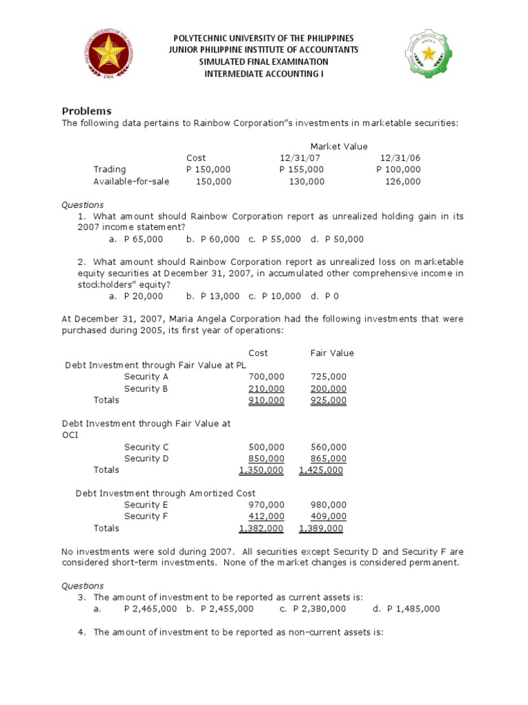 Simulated Final Exam. IntAcc | PDF | Book Value | Stocks
