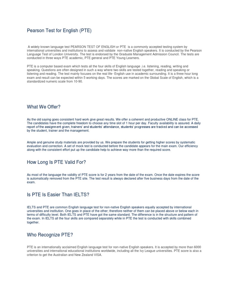 An Overview of the Pearson Test of English (PTE): Structure ...
