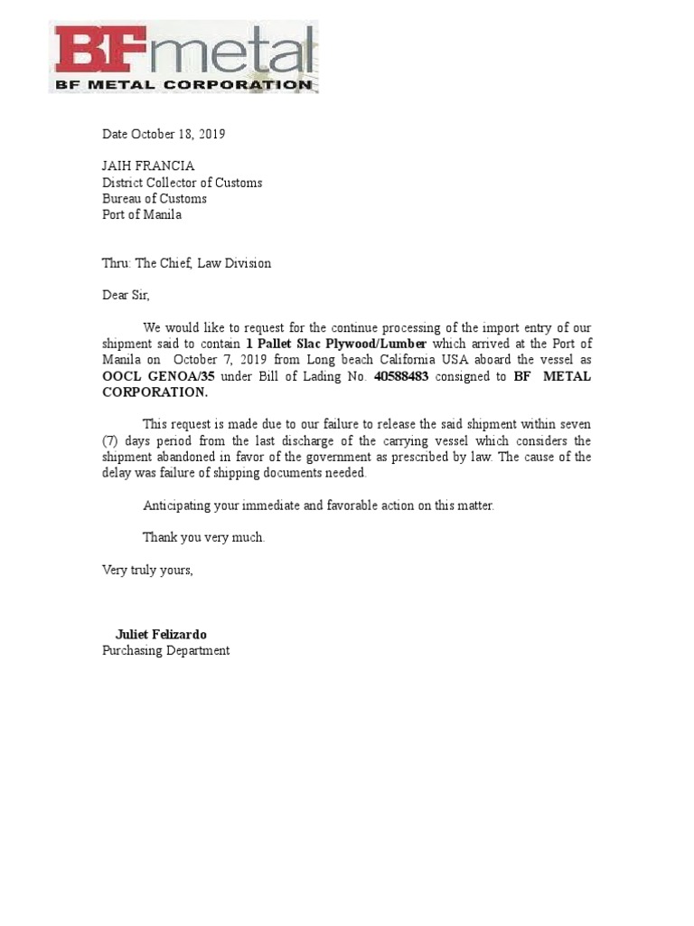 Lifting of Abandonment Letter Sample | PDF