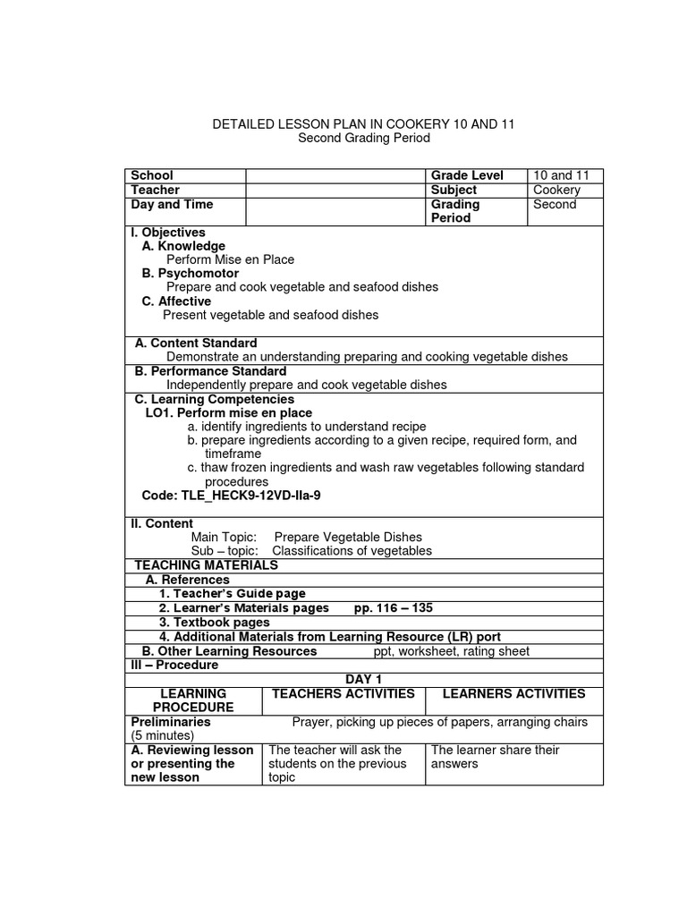 Detailed Lesson Plan in Cookery 10 and 11 | PDF | Lesson Plan | Rubric ...