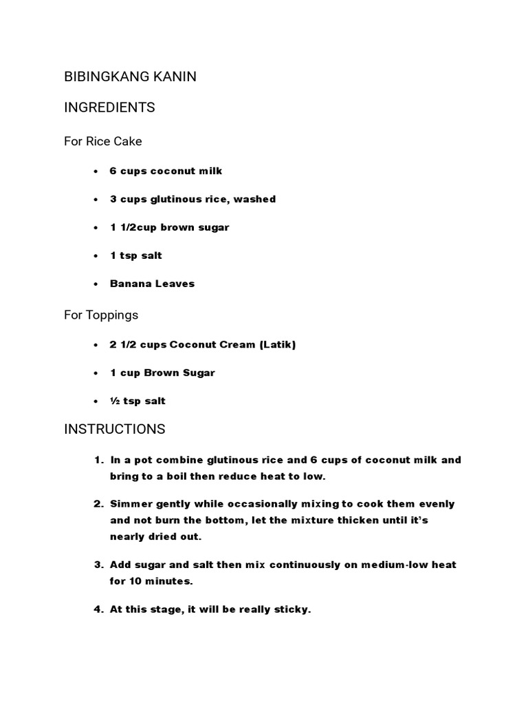 Bibingkang Kanin Ingredients: For Rice Cake | PDF