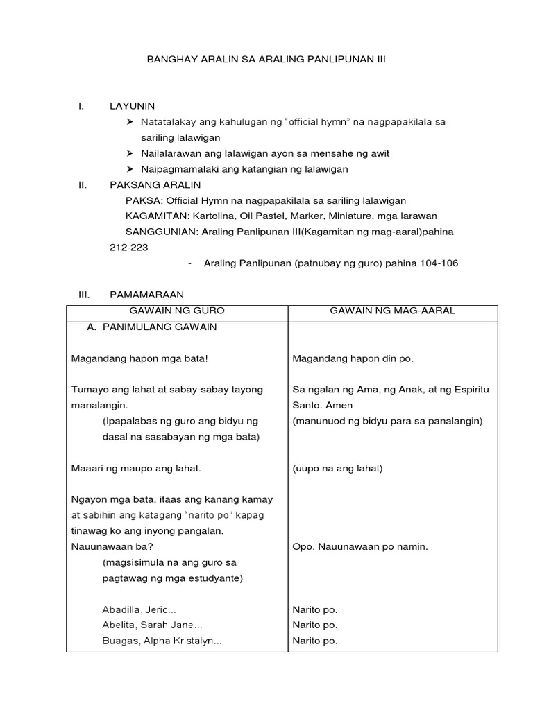 Banghay Aralin Sa Araling Panlipunan 3 | PDF