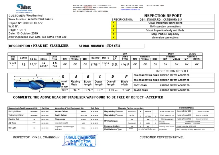 Inspection Report: Description: Near Bit Stabilizer Serial Number: Pds ...