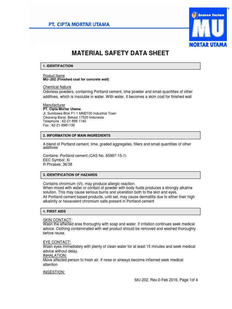 MSDS Mu-202 | PDF | Dust | Cement