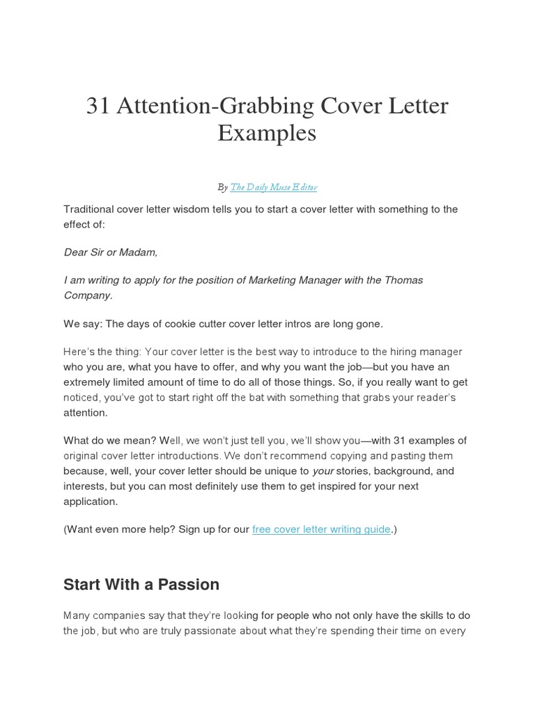 31 Attention Grabbing Cover Letter Examples Start With A Passion Pdf