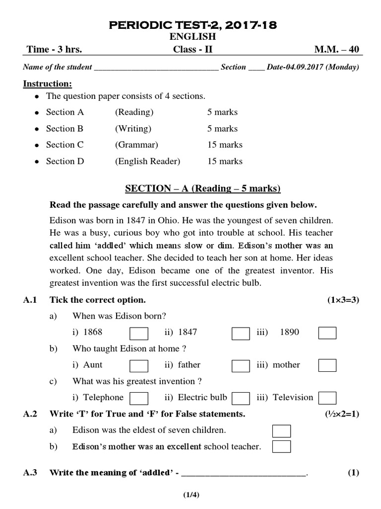 PERIODIC TEST-2, 2017-18: English Time - 3 Hrs. Class - II M.M. - 40 ...
