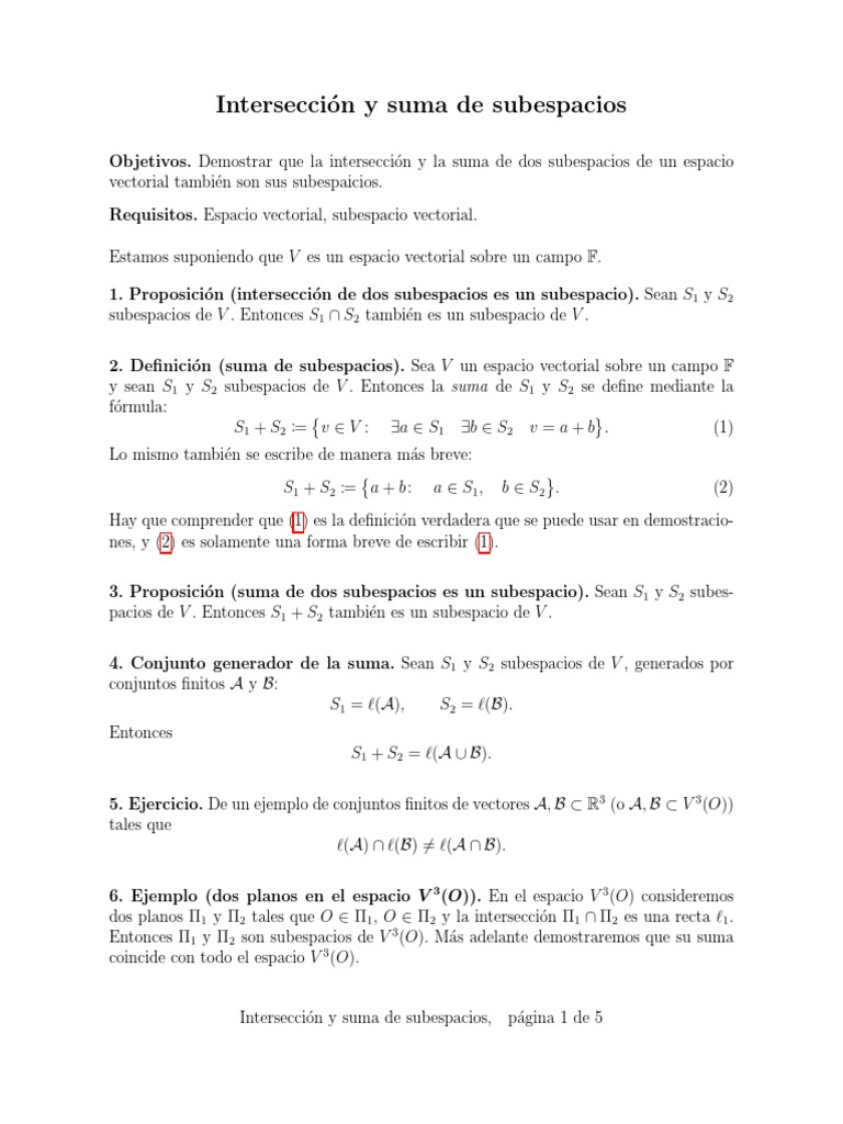 Intersection and Sum of Subspaces Es | PDF | Subespacio lineal ...