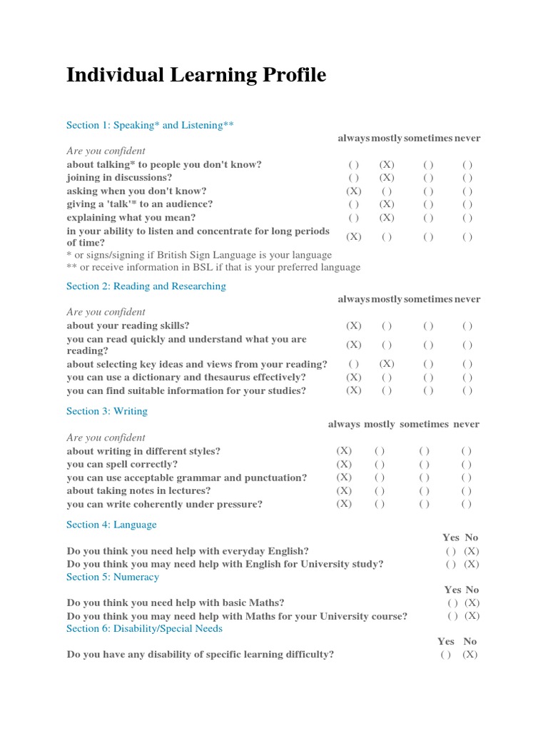 Individual Learning Profile Assessment | PDF | Sign Language ...