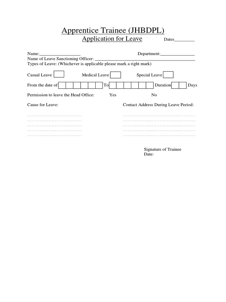 Apprentice Trainee (JHBDPL) : Application For Leave | PDF