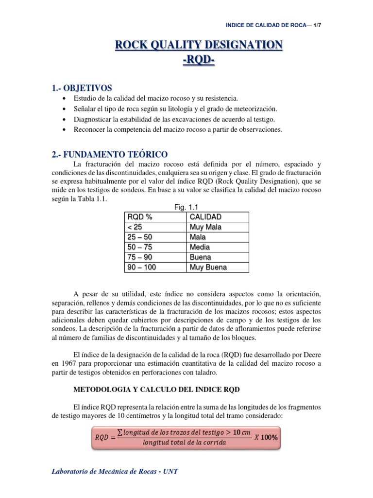 Rock Quality Designation - RQD-: 1.-Objetivos | PDF | Roca (geología ...