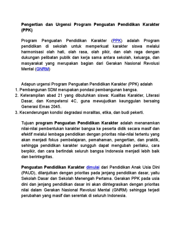 Pengertian Dan Urgensi Program Penguatan Pendidikan Karakter | PDF