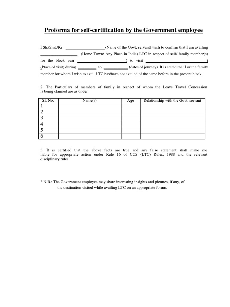 Proforma For Self-Certification by The Government Employee | PDF