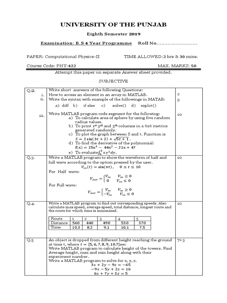 8th Semester Computational Physics Paper | PDF | Matlab | Applied ...