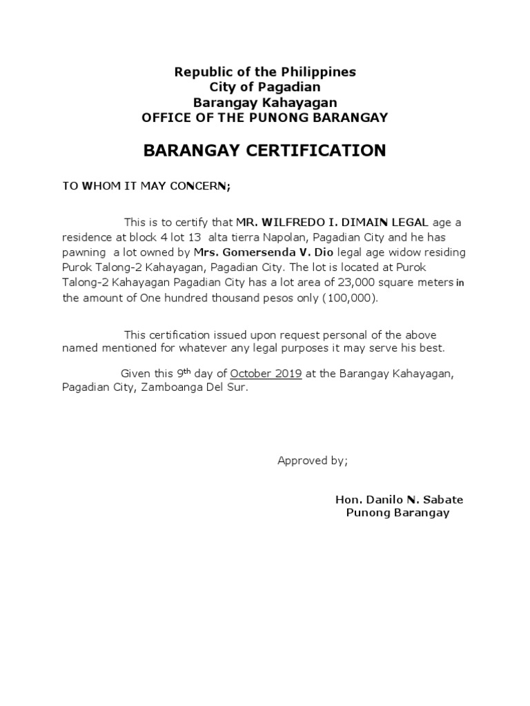 Barangay Certification | PDF