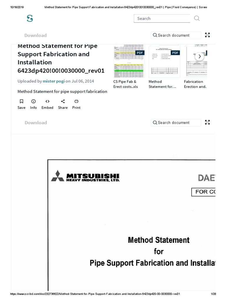 Method Statement For Pipe Support Fabrication and Installation 6423dp420!00!0030000 - Rev01 ...