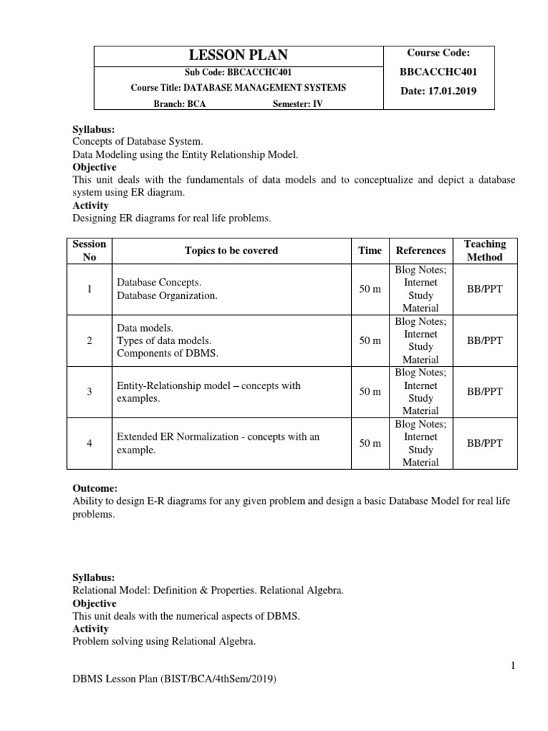 DBMS Lesson Plan | PDF | Conceptual Model | Data Model