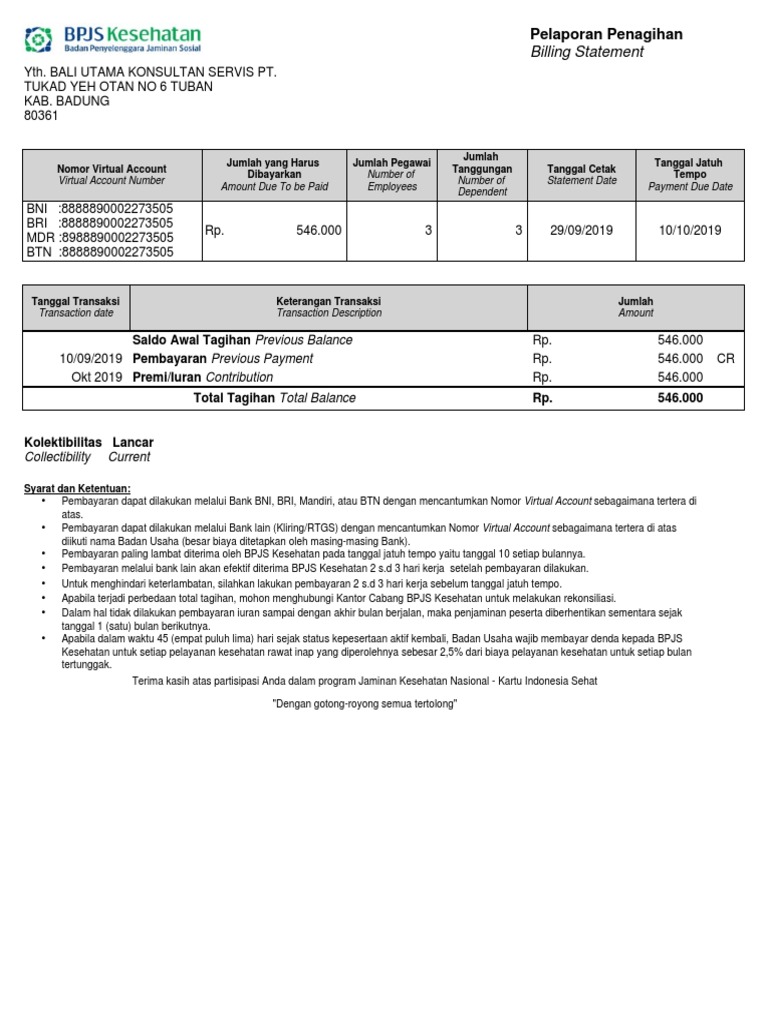 Invoice BPJS KS PT. Bali Utama Konsultan Service | PDF
