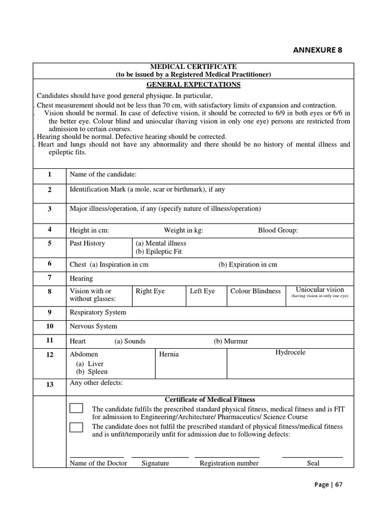 Annexure 8: Medical Certificate (To Be Issued by A Registered Medical Practitioner) General ...