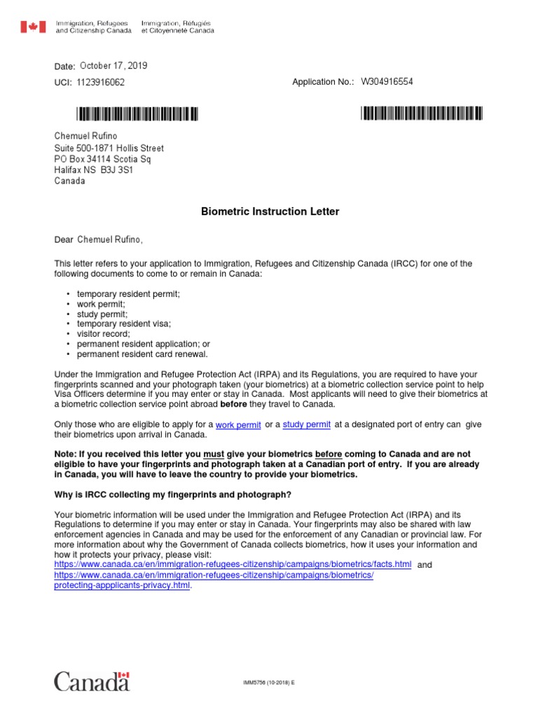 Biometric Instruction Letter: Study Permit Work Permit | PDF ...