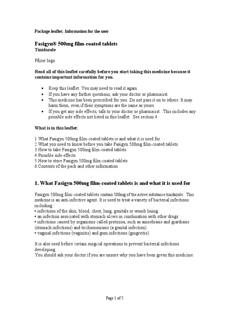 Fasigyn® 500mg Film-Coated Tablets: P Tinidazole | PDF | Tablet ...