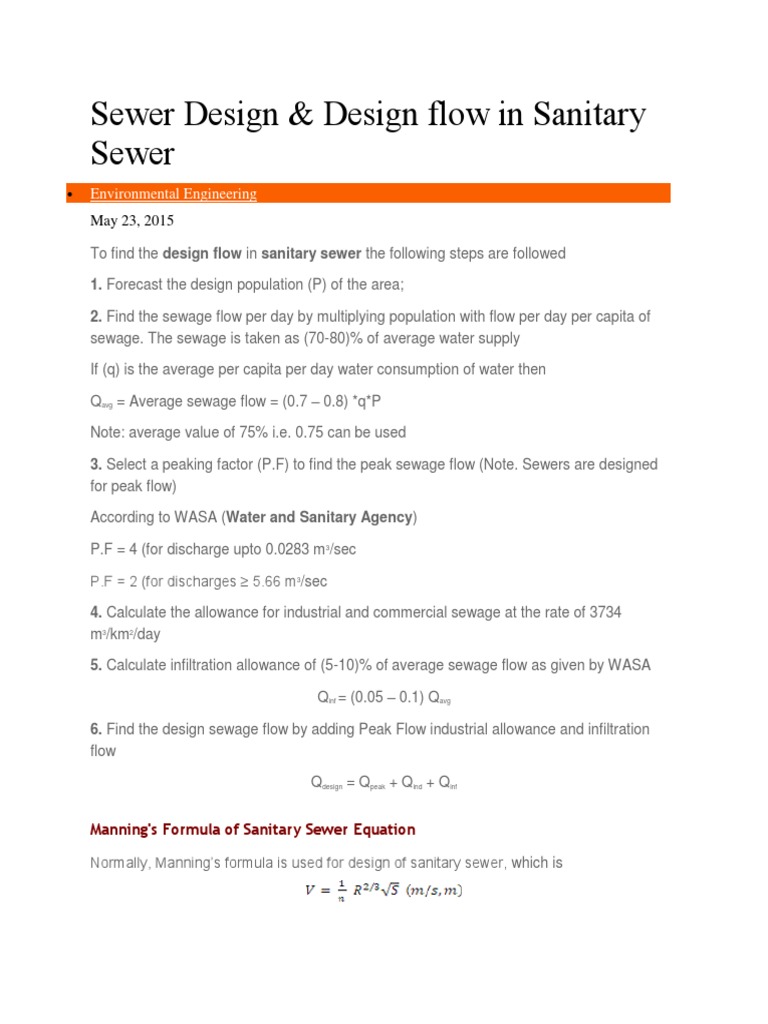 Sanitary Sewer Design Flow Calculation | PDF