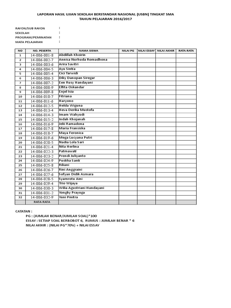 Format Nilai Usbn Dan Us 2017 | PDF