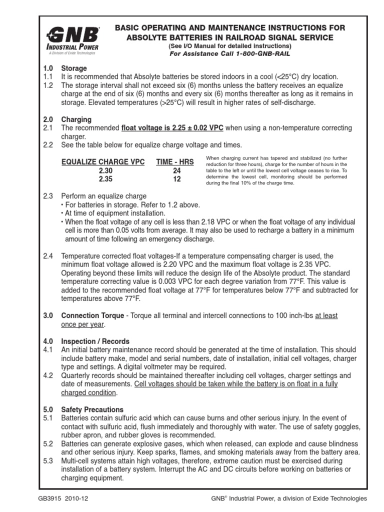 Basic O&M Instructions For Absolyte Batteries in RR Signal Service, Eng ...
