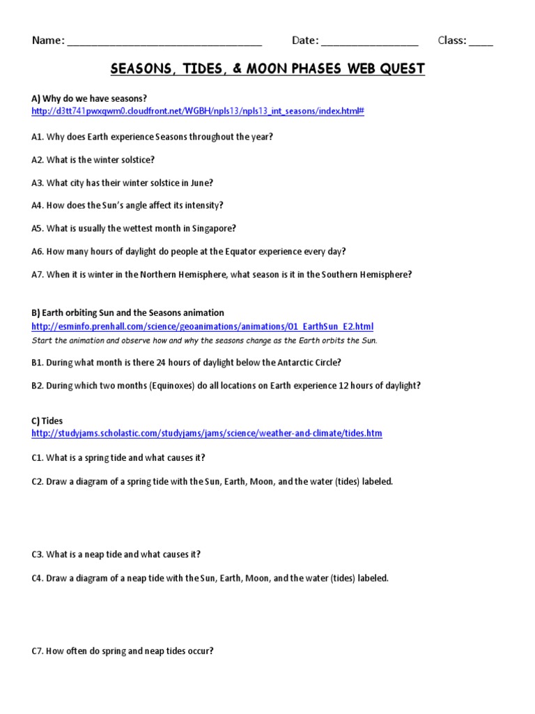 Seasons, Tides, & Moon Phases Web Quest: Name: - Date: - Class | PDF ...