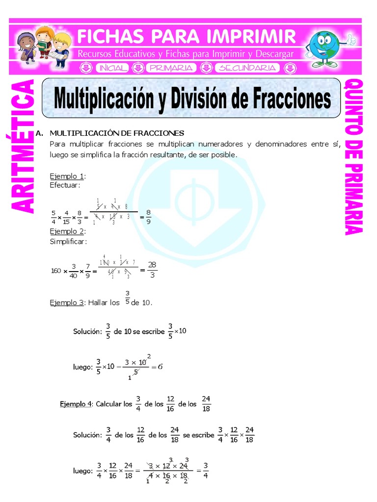 Multiplicación Y División De Fracciones 5to Grado 50+ Multiplicar Y