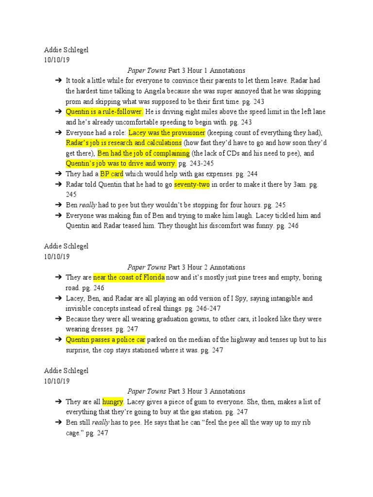 Paper Towns Part 3 Annotations | PDF | Nature