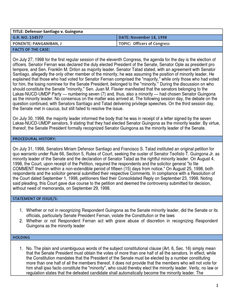 Defensor-Santiago v. Guingona, JR., G.R. No. 134577 | PDF | United ...