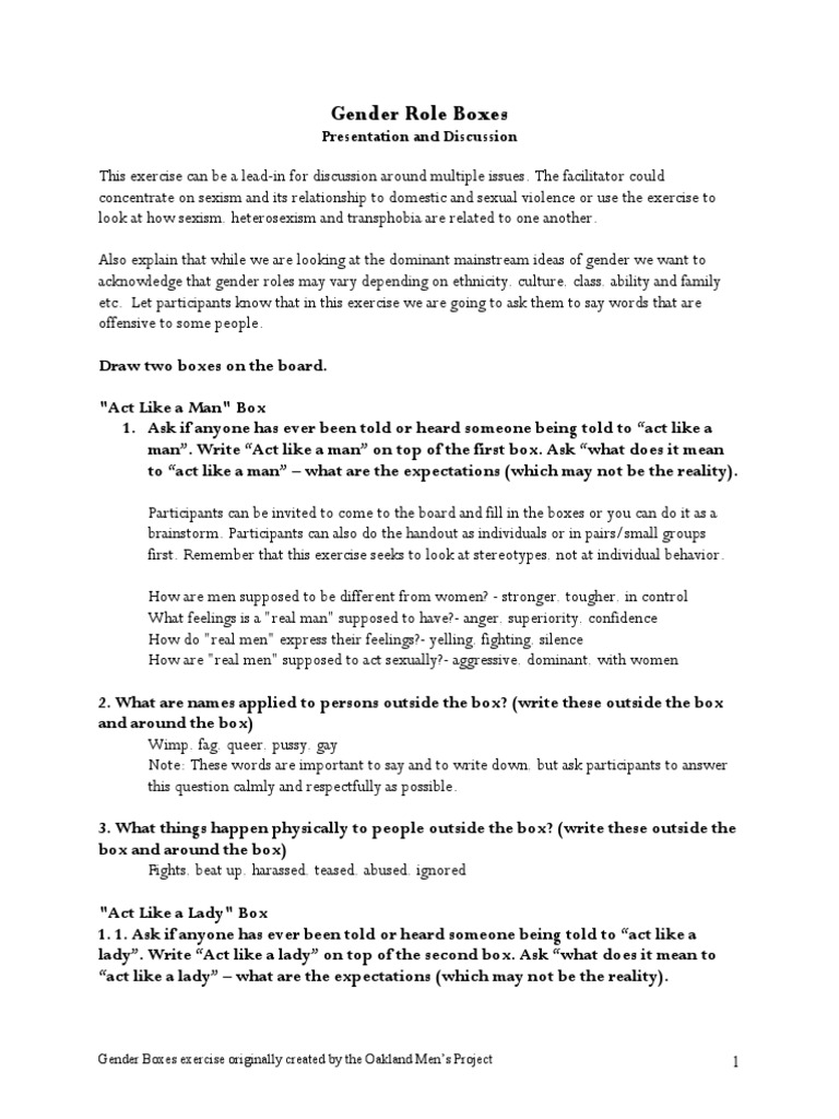 Gender Role Boxes GLBTQ and Sexism Exercise | PDF | Sexism | Gender Role