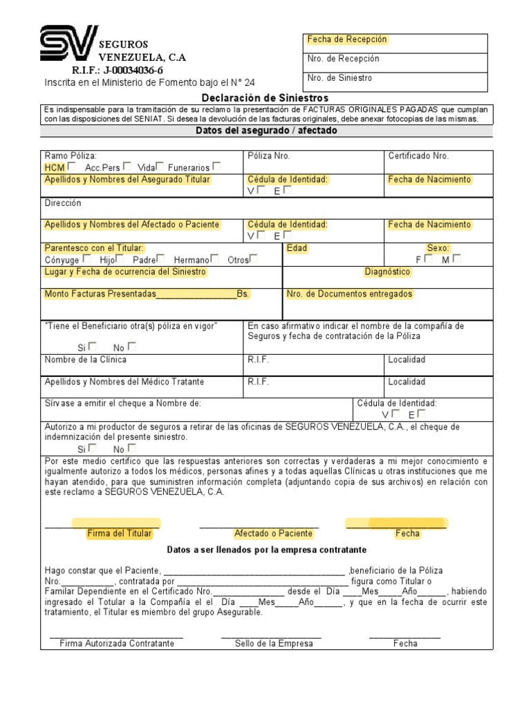 Declaracion Siniestro Seguros Venezuela | PDF | Póliza de seguros | Medicina