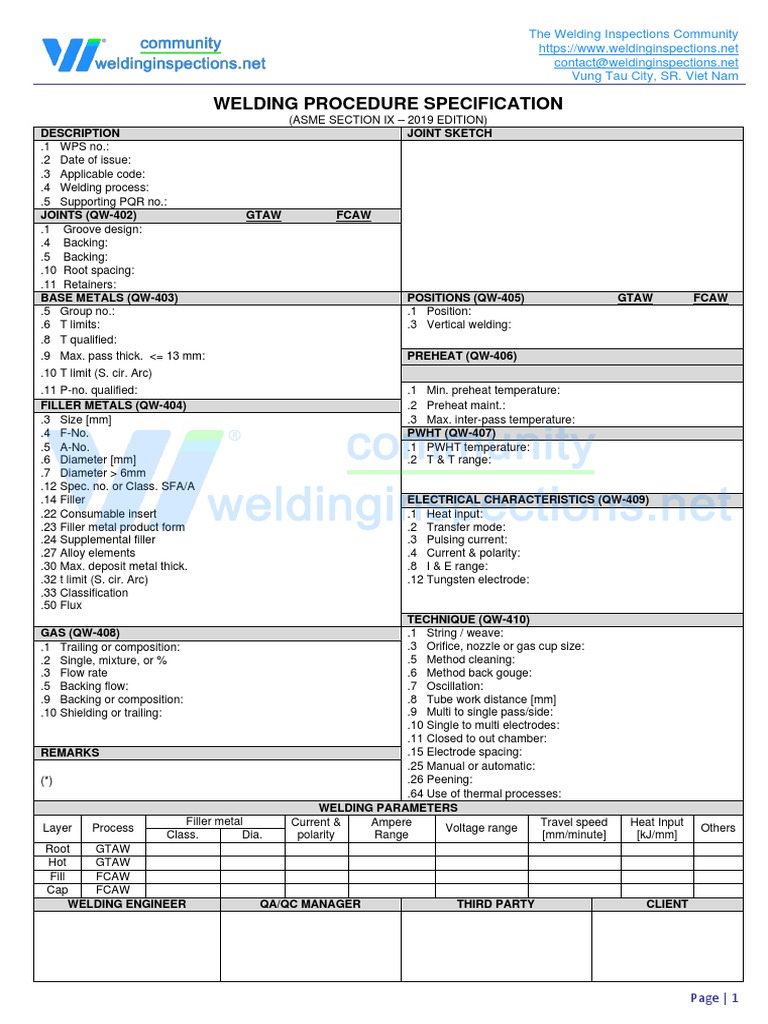 WPS Format For Asme Ix - Wps - Gtaw Fcaw Gmaw | PDF | Welding ...