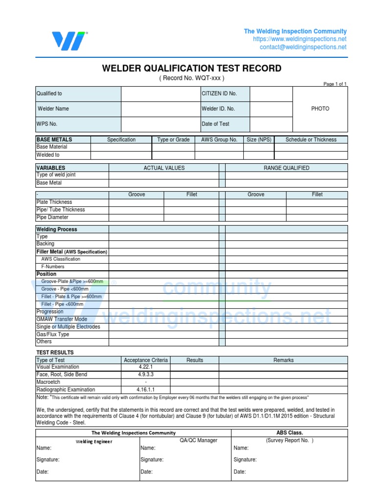 Welder Qualification Test Record | PDF | Pipe (Fluid Conveyance) | Welding