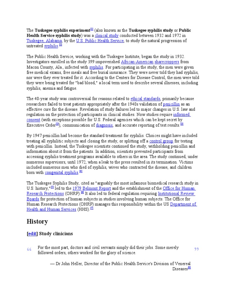 Tuskegee Syphilis Study Overview | PDF | Medical Specialties | Medical ...