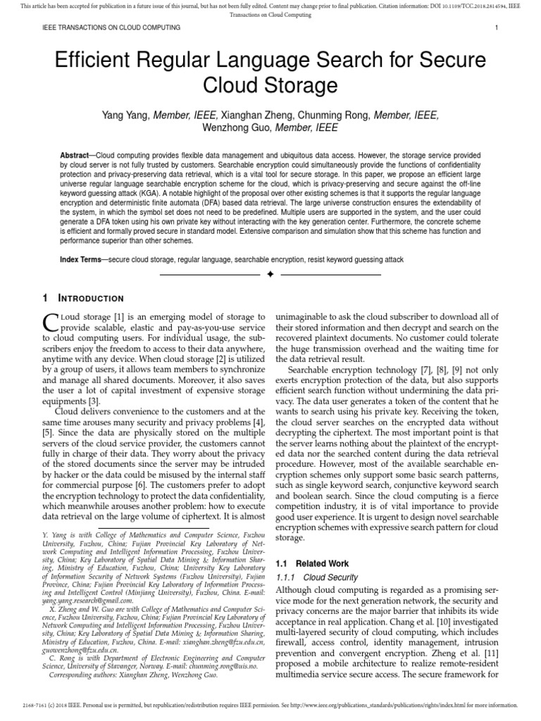 Efficient Regular Language Search For Secure Cloud Storage | PDF | Encryption | Cloud Computing