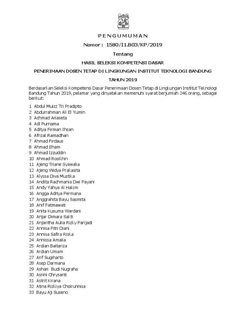 Pengumuman Hasil Seleksi Kompetensi Dasar Penerimaan Dosen Tetap Di Lingkungan Institut ...