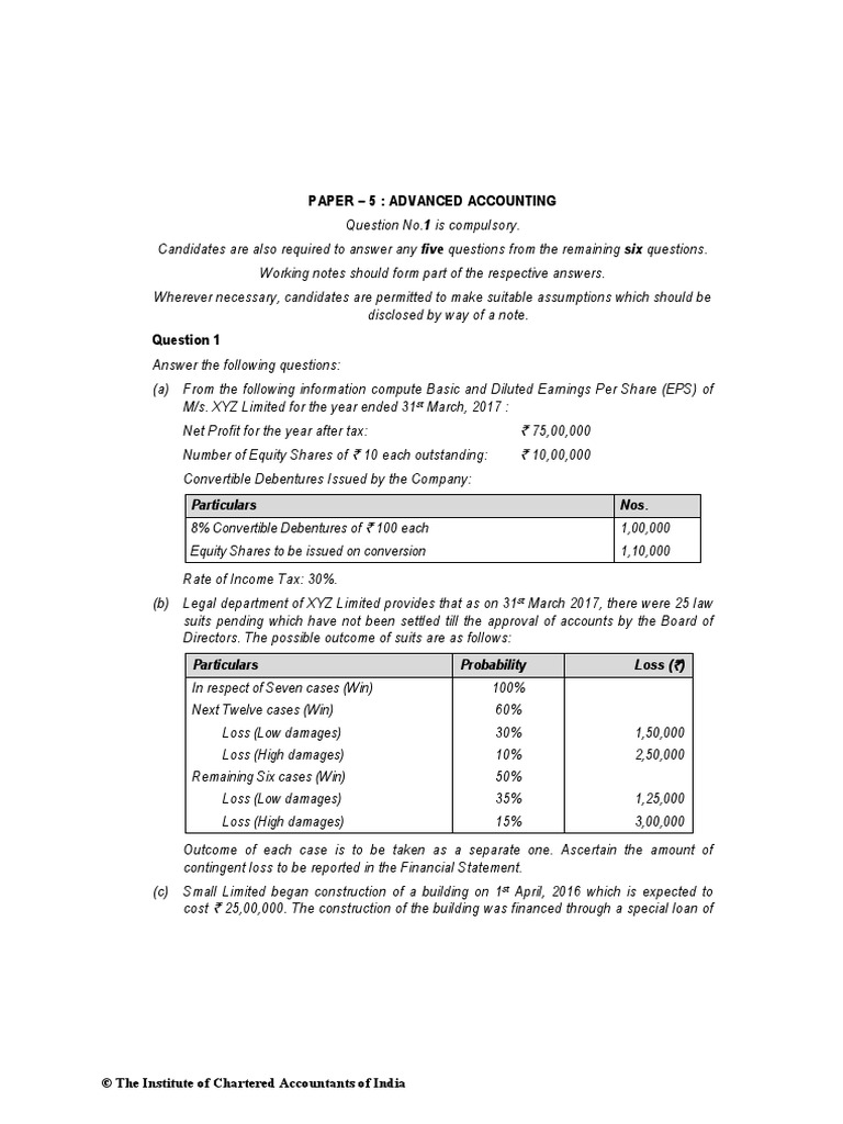 Paper - 5: Advanced Accounting: Particulars Nos | Download Free PDF ...