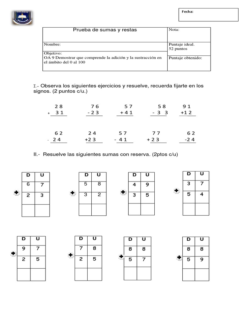 Prueba de Sumas y Restas | PDF