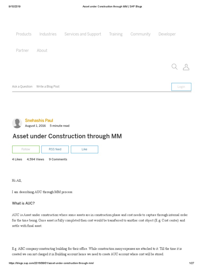 Asset Under Construction Through MM - SAP Blogs | PDF | Depreciation ...