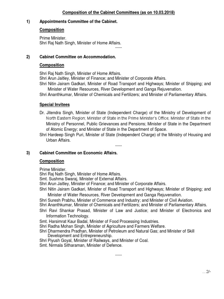 Composition of The Cabinet Committees (As On 10.03.2018) 1 ...