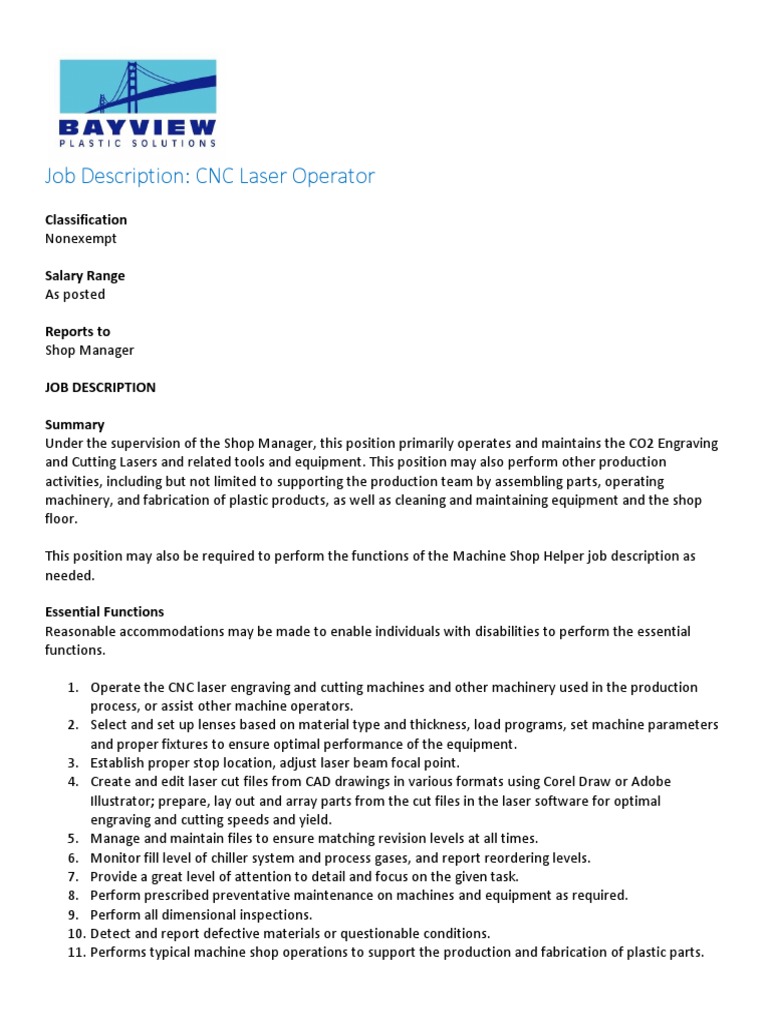 CNC Laser Operator Job Description | PDF | Numerical Control | Metal ...